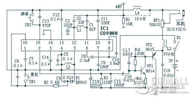 cd9088电路原理及调试方法 基于CD9088的收音机电路图 - 模拟/电源 - 与非网