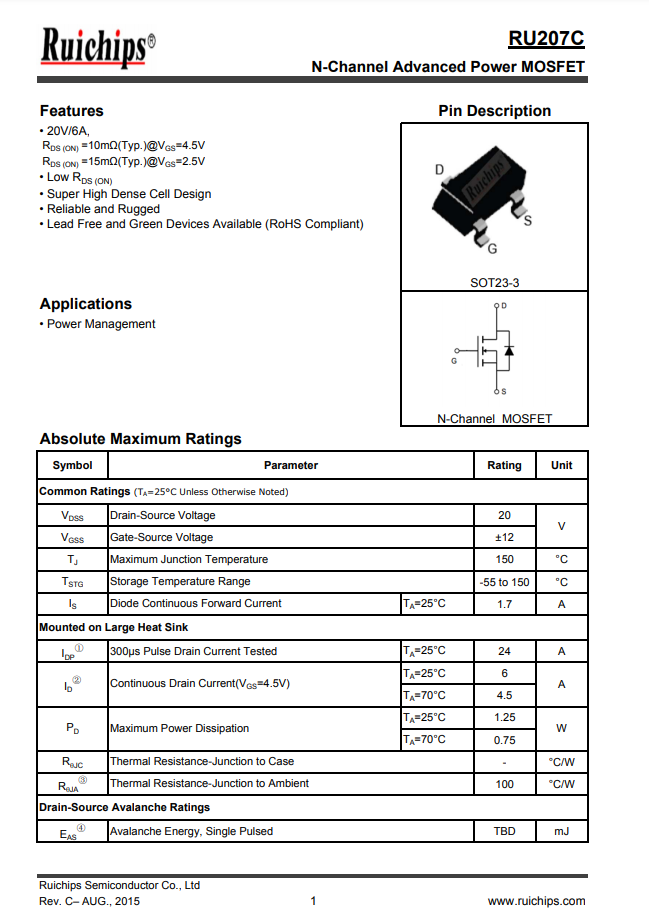 锐骏MOS管 RU207C 20V/6A N沟道增强型功率MOSFET 可用于电源管理... - #其他 - 与非网